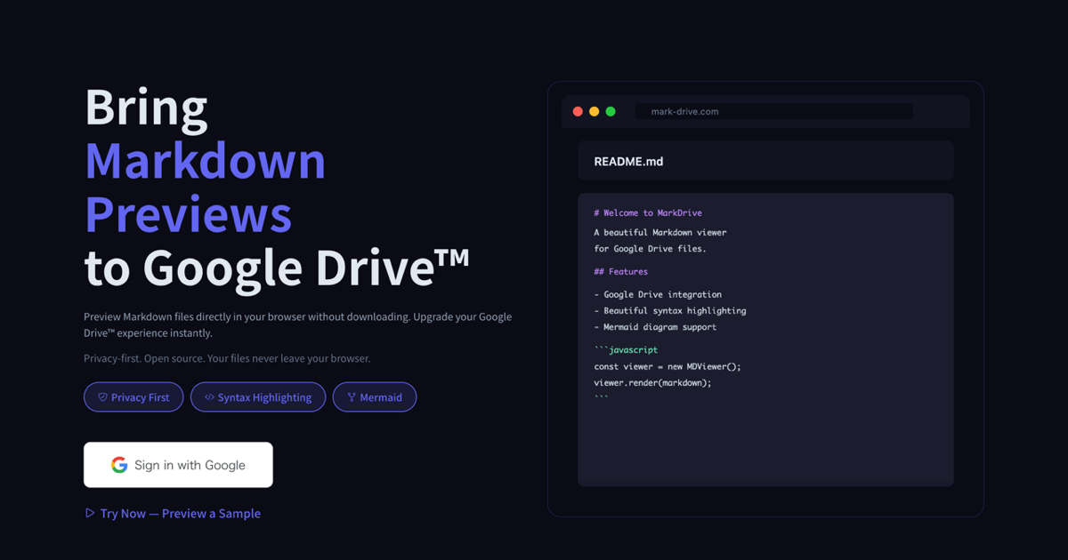 MarkDrive - Beautiful Markdown Viewer for Google Drive™
